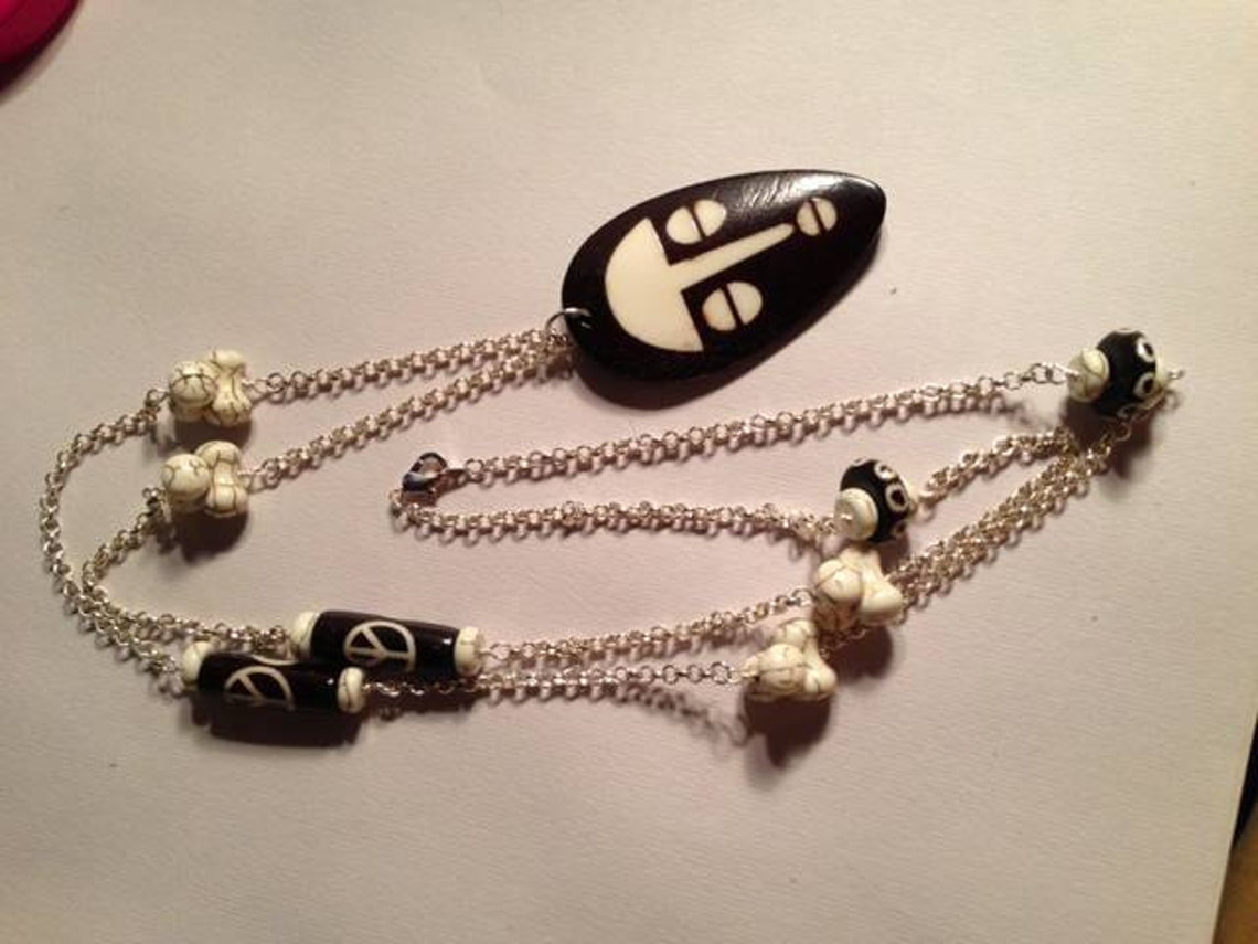 Goth Face Pendant White Turquoise Necklace Brown Wood Jewelry - Etsy