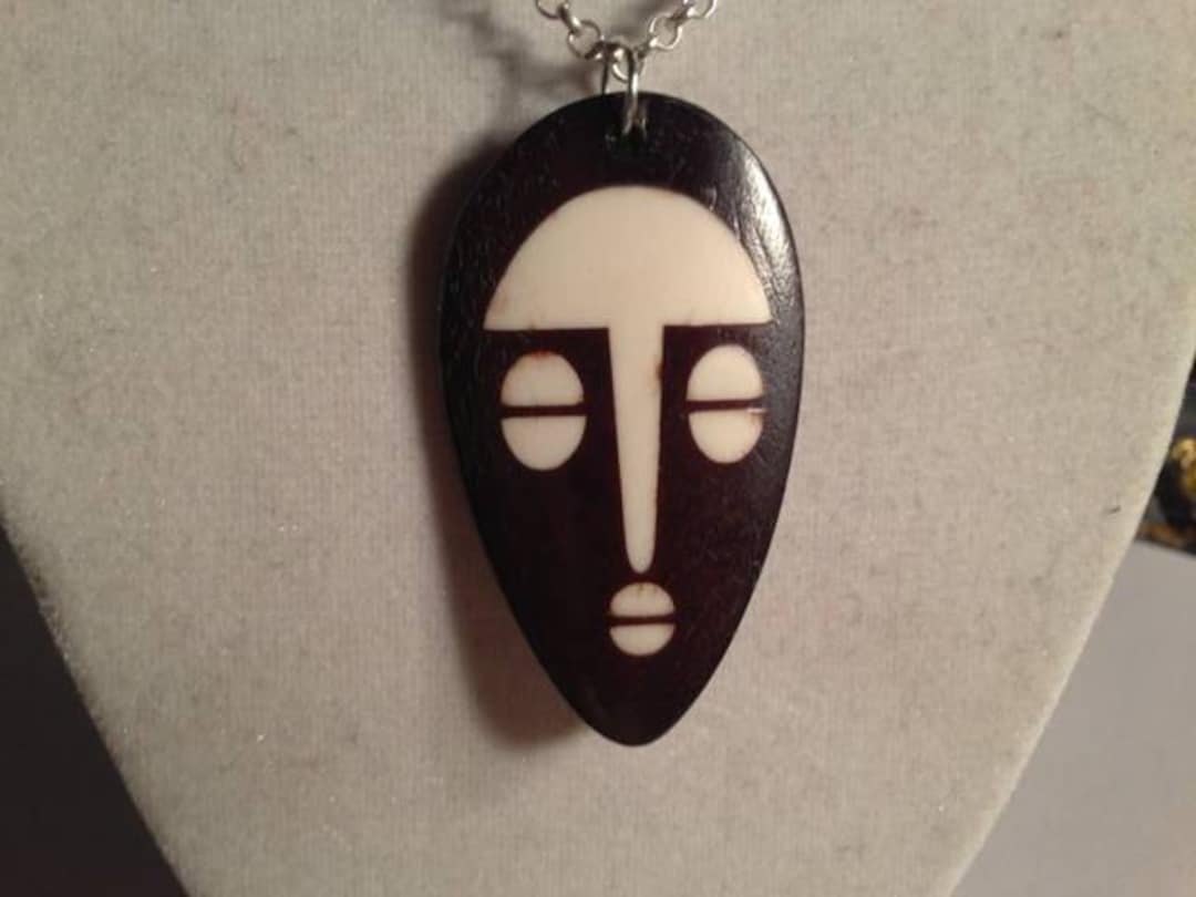 Goth Face Pendant White Turquoise Necklace Brown Wood Jewelry Silver ...