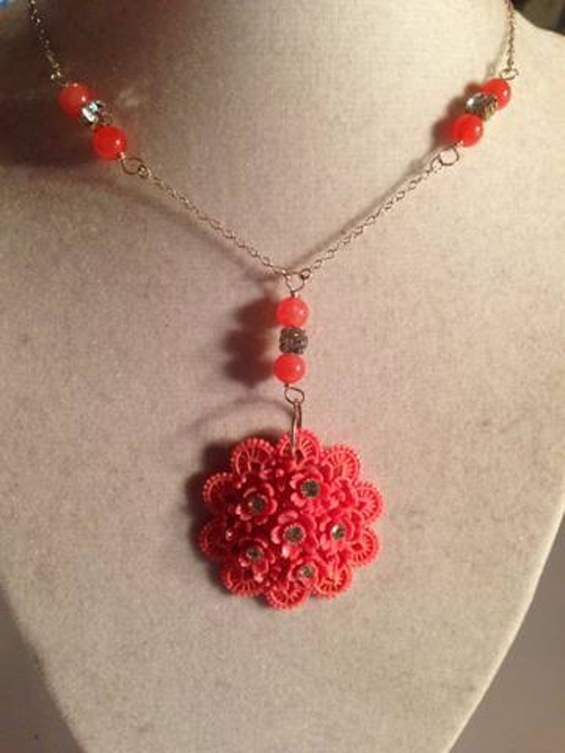 Coral Necklace - Rhinestone Jewelry - Retro Vintage Pendant - Sterling ...