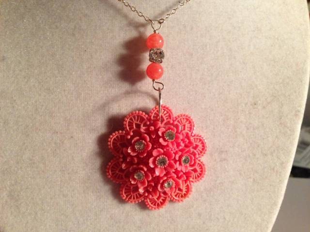 Coral Necklace - Rhinestone Jewelry - Retro Vintage Pendant - Sterling ...