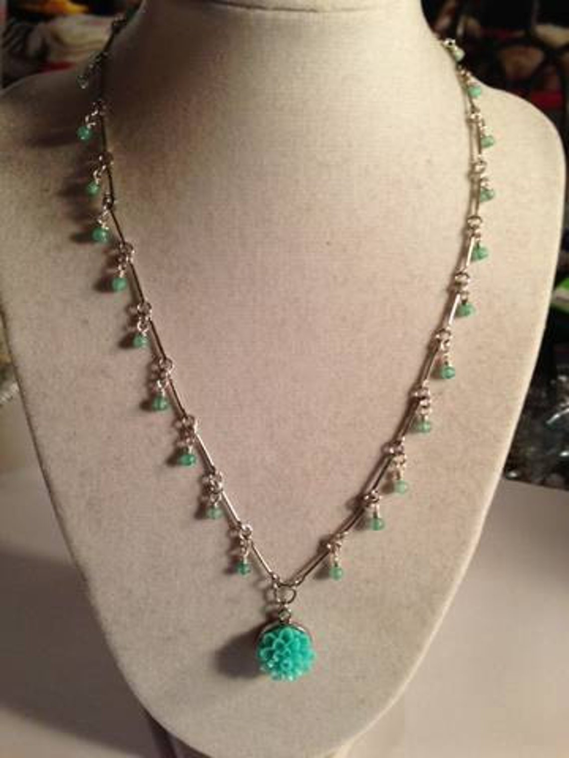 Teal Necklace - Flower Pendant - Silver Jewelry - Chain Jewellery ...