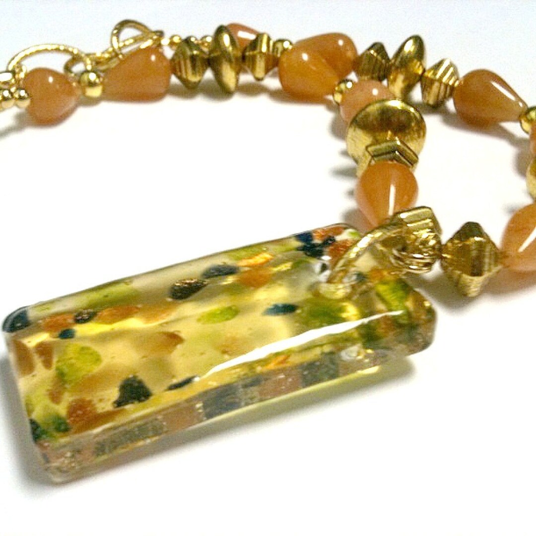 Tan Necklace - Yellow Gold Jewelry - Chain Jewellery - Glass Pendant ...