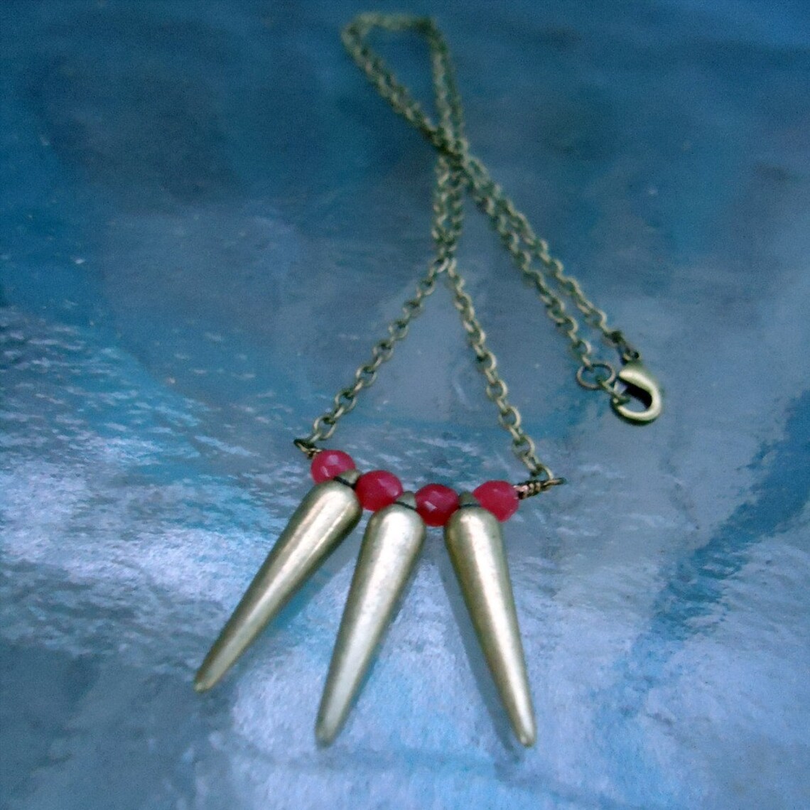 Spike Necklace Brass Jewelry Pink Jade Jewellery Chain Steampunk Goth ...