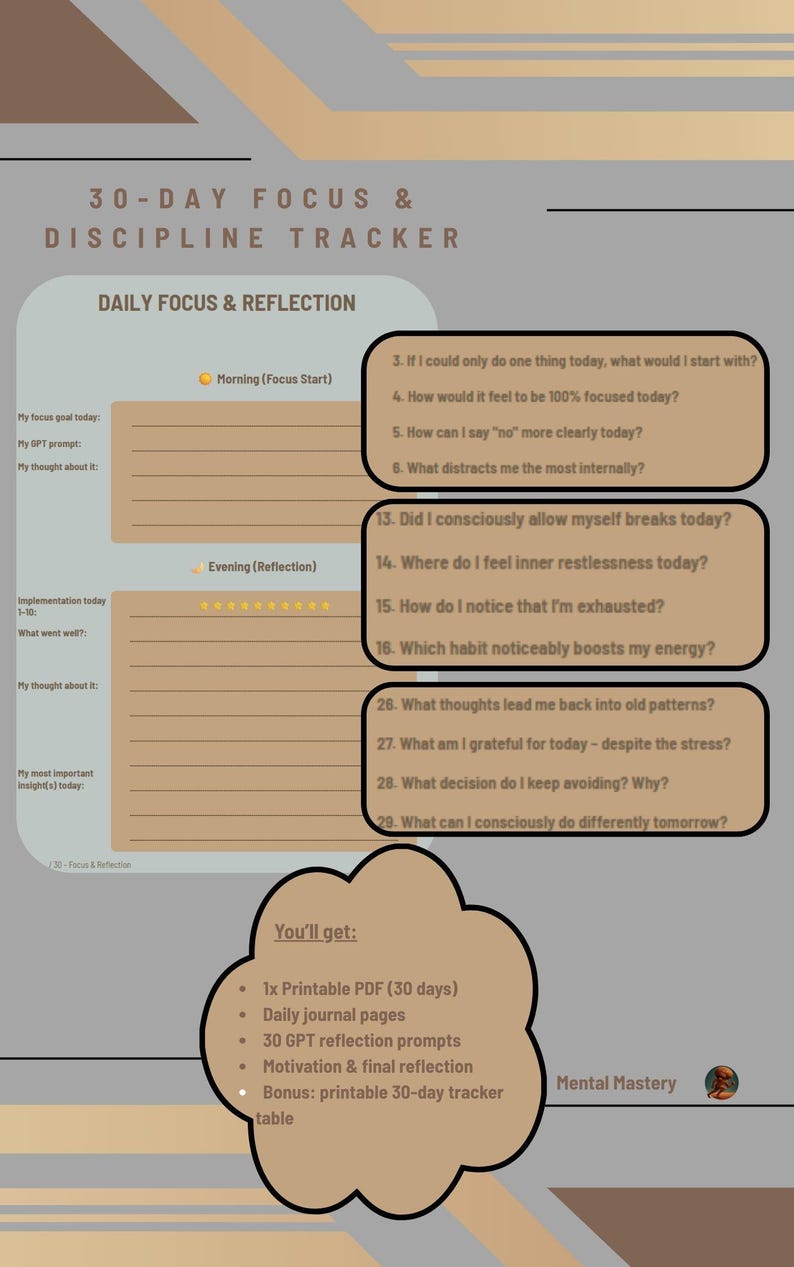 30-day Focus & Discipline Tracker – Daily Journal PDF With Prompts ...