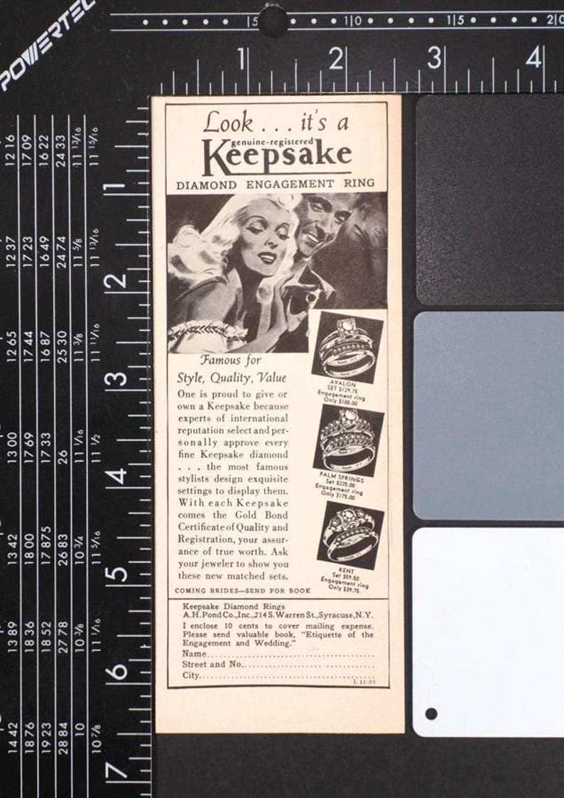 1939 Keepsake Diamond Engagement Ring - Original Vintage Print Ad - Etsy