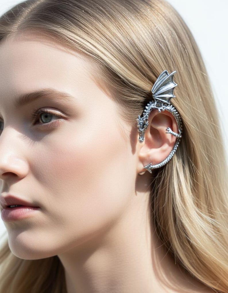 Black or Silver Dragon Elven Ear Cuff Earring, No Pierced Ear Needed - Etsy