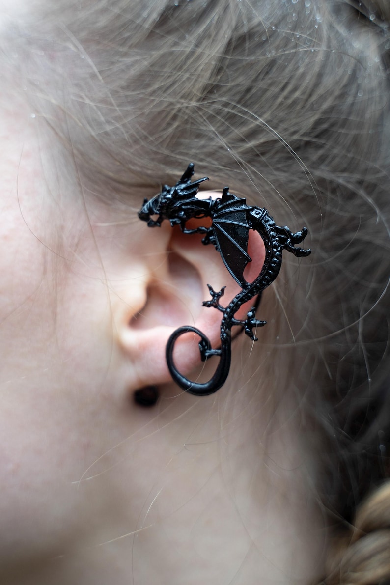 Black Left Dragon Elven Ear Cuff Earrings, No Pierced Ear Needed - Etsy