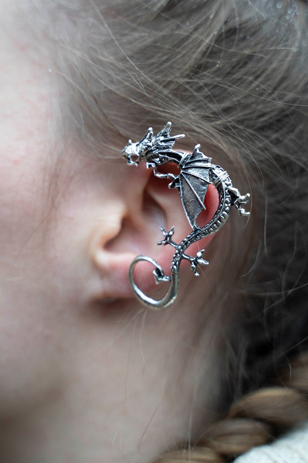 Silver Dragon Elven Ear Cuff Earrings, No Pierced Ear Needed - Etsy