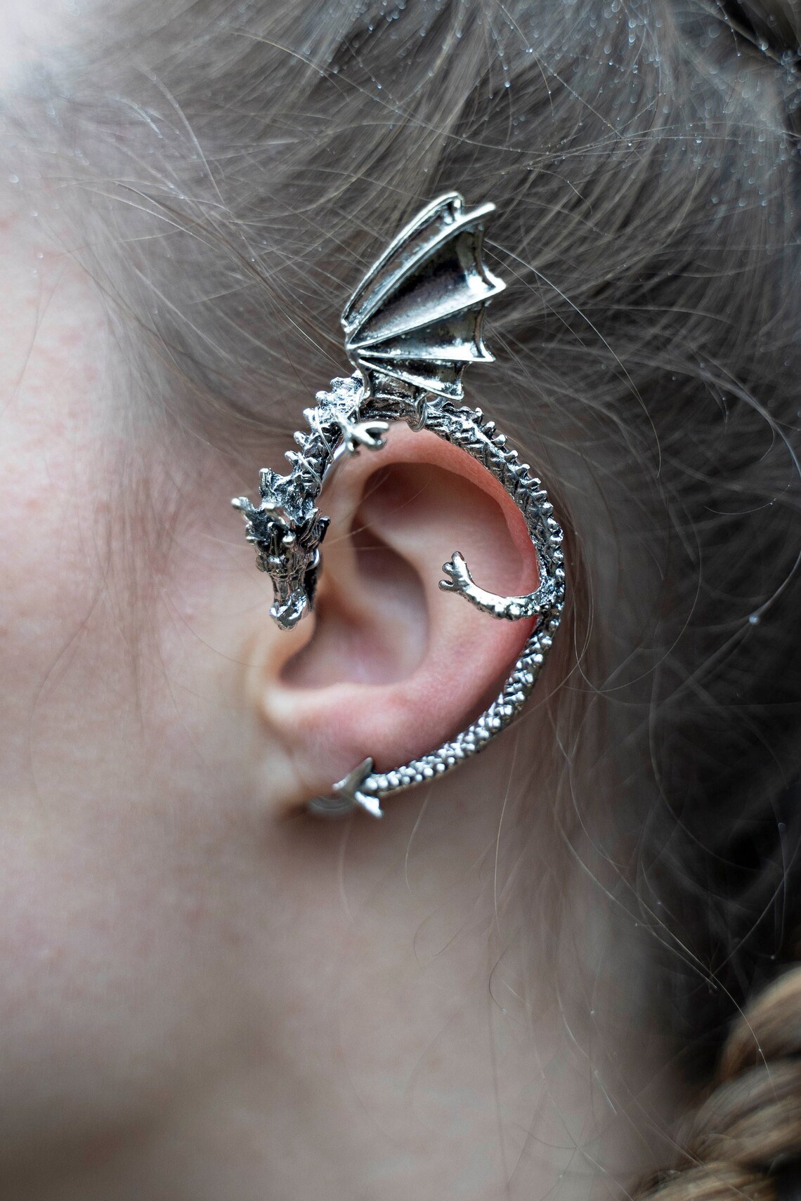 Black or Silver Dragon Elven Ear Cuff Earring, No Pierced Ear Needed - Etsy