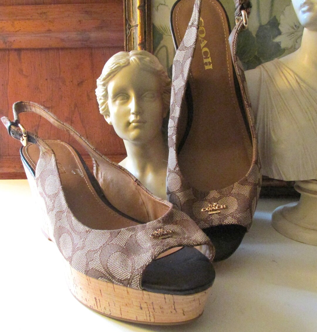 COACH Open Toe Logo Wedge Shoes, Size 9.5, Cork Heel - Etsy