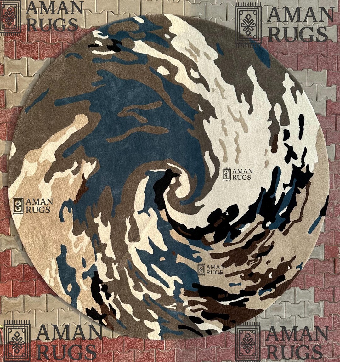 Modern Abstract Round Rug 4x4 Handmade Wool Carpet 6x6 for Living Room ...