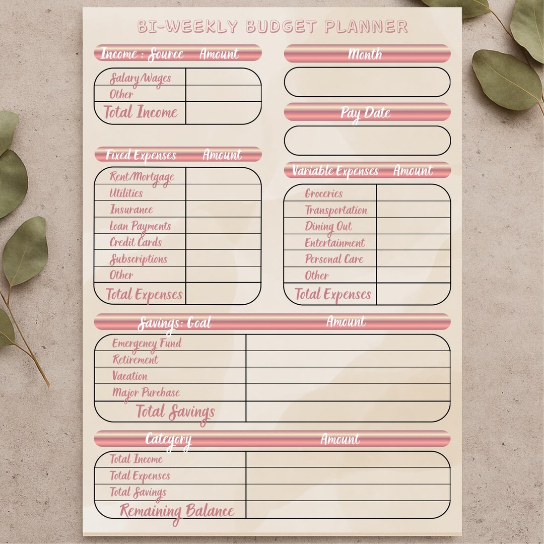 Bi-weekly Budget Planner | Printable Budget Worksheet | Instant ...