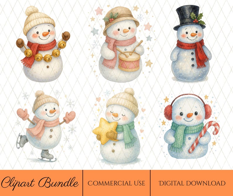 Watercolor Snowman Clipart Bundle: Christmas PNG Set (digital Download ...