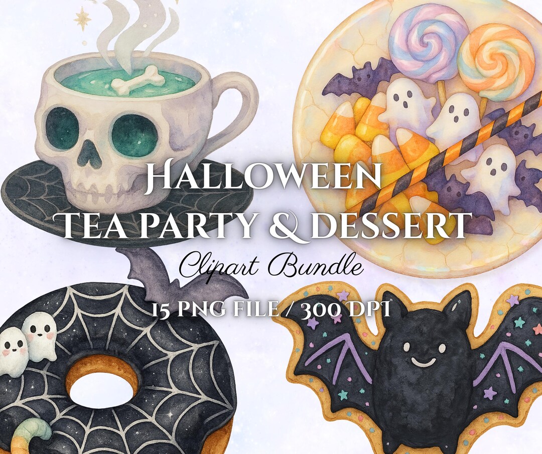 Halloween Dessert Clipart: Watercolor Tea Party PNG Bundle (digital ...