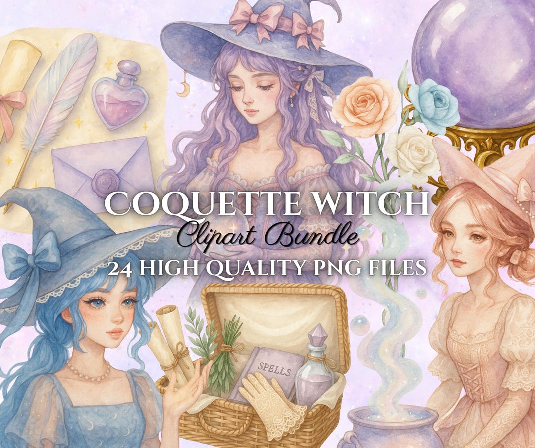 Coquette Witch Clipart Bundle: Pastel Witchcore PNG Set (digital ...