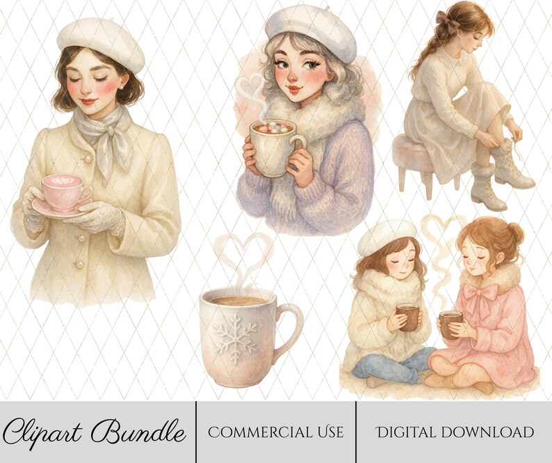 Cozy Winter Vibes Clipart Bundle | Watercolor Girl, Hot Cocoa & Ice ...