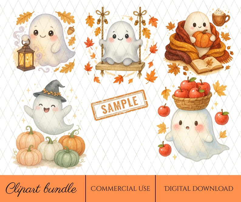 Halloween Autumn Ghost Clipart Bundle | Cute Fall PNG, Kawaii Ghosts ...