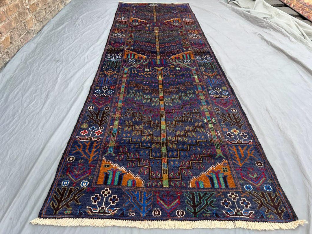 3'1x9'9 Afghan Baluchi Tree of Life Runner Rug Indigo Navy Blue Red ...