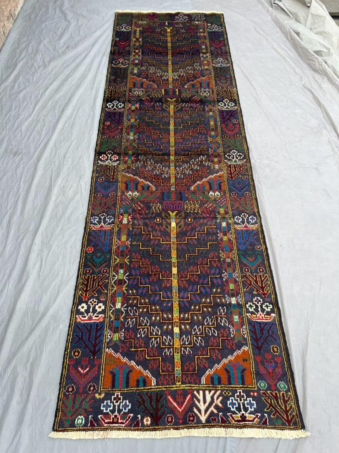 3x9'6 Afghan Baluchi Tree of Life Runner Rug Charcoal Black Red Green ...