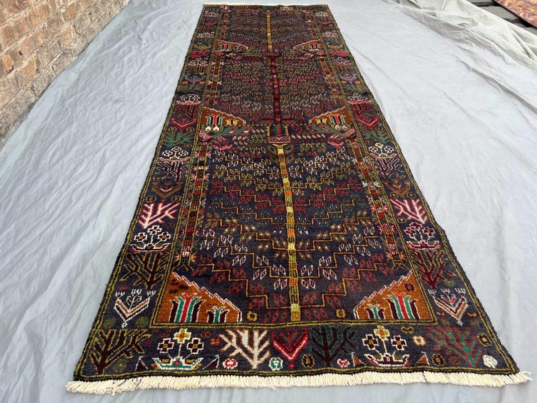 3'1x9'5 Afghan Baluchi Tree of Life Runner Rug Charcoal Gray Red Green ...