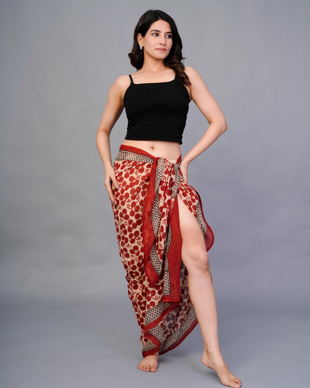 Hand Block Printed Cotton Sarong – Terracotta Red & Black Geometric ...