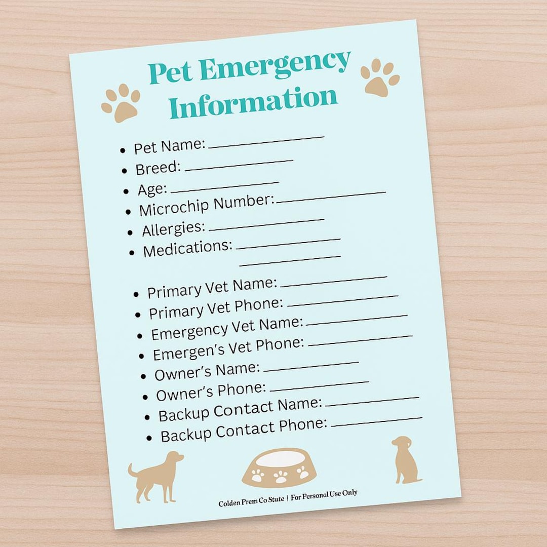 Pet Emergency Information Sheet | Printable Dog Emergency Contact Form ...