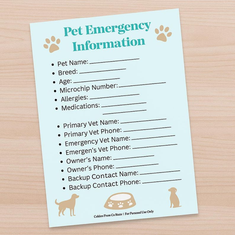 Pet Emergency Information Sheet | Printable Dog Emergency Contact Form ...
