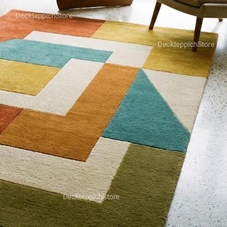 Retro 70s Shag Rug – Geometric Orange Yellow Green Plush Area Carpet ...