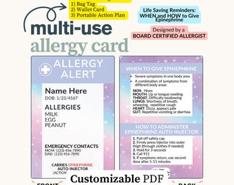 Custom Food Allergy Alert Card – Printable, Wallet-sized Emergency Plan ...