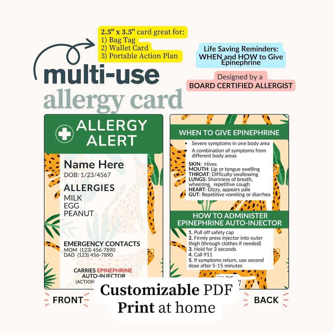 Custom Food Allergy Alert Card – Printable, Allergy Bag Tag, Medical ...