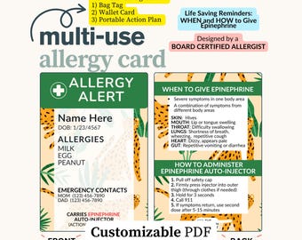 Custom Food Allergy Alert Card – Printable, Wallet-sized Emergency Plan ...