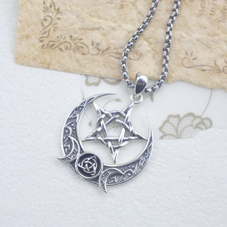 Triple Moon Pentagram Necklace: Sterling Silver Celtic Knot Wiccan ...