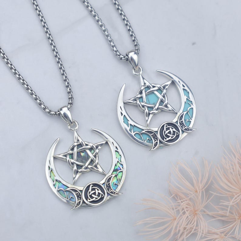 Triple Moon Pentagram Necklace: Sterling Silver Celtic Knot Wiccan ...