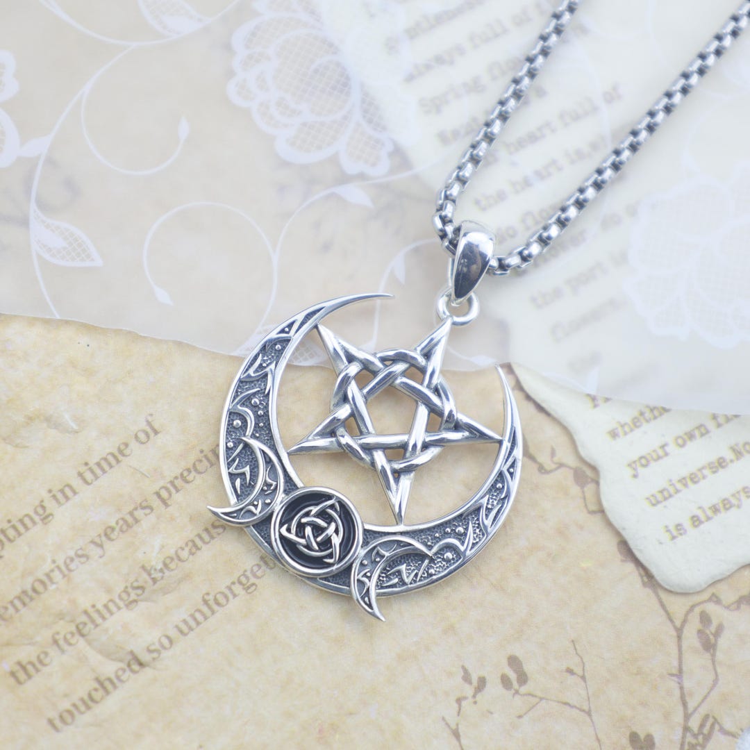Triple Moon Pentagram Necklace: Sterling Silver Celtic Knot Wiccan ...