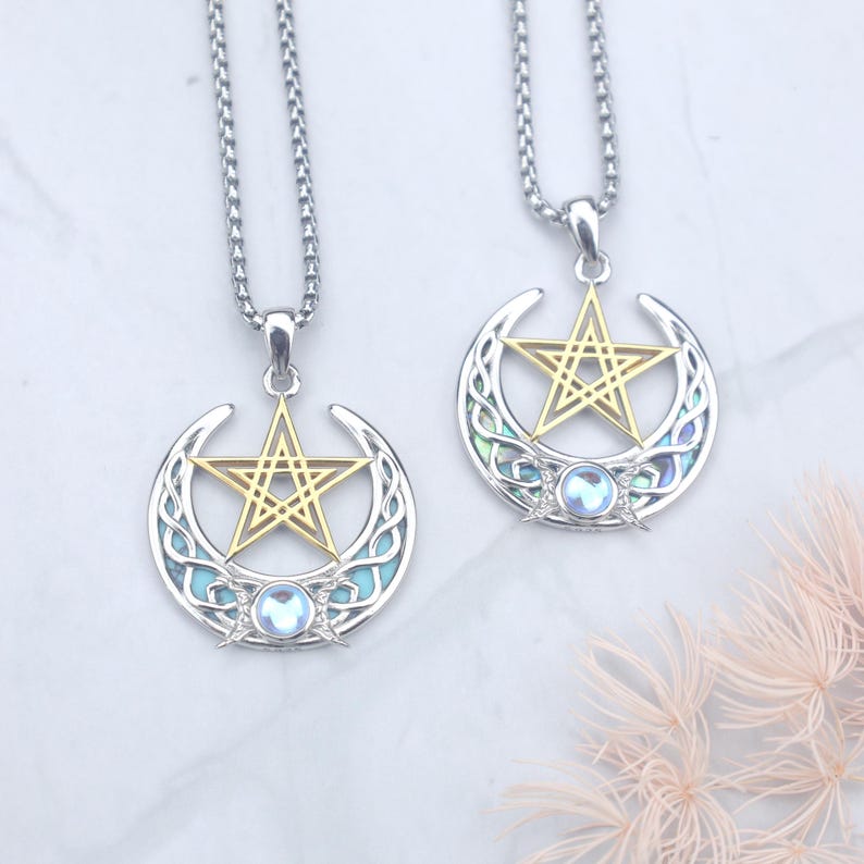 Triple Moon Goddess Pentagram Necklace – Turquoise/abalone Shell and ...
