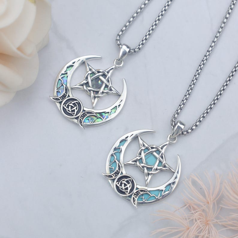 Triple Moon Pentagram Necklace: Sterling Silver Celtic Knot Wiccan ...