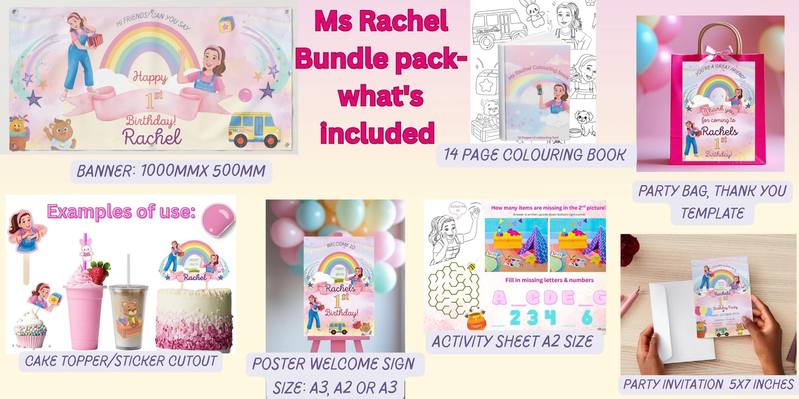 Ms. Rachel Birthday Invitation Bundle: Rainbow Theme, Editable Digital ...