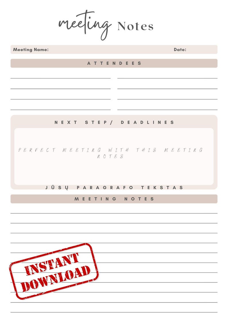 Editable Meeting Notes Template, Printable Work Organizer (PDF & Canva ...