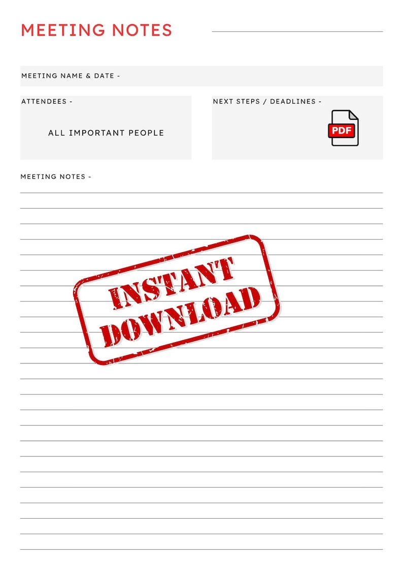 Editable Meeting Notes Template, Printable Work Organizer (PDF & Canva ...