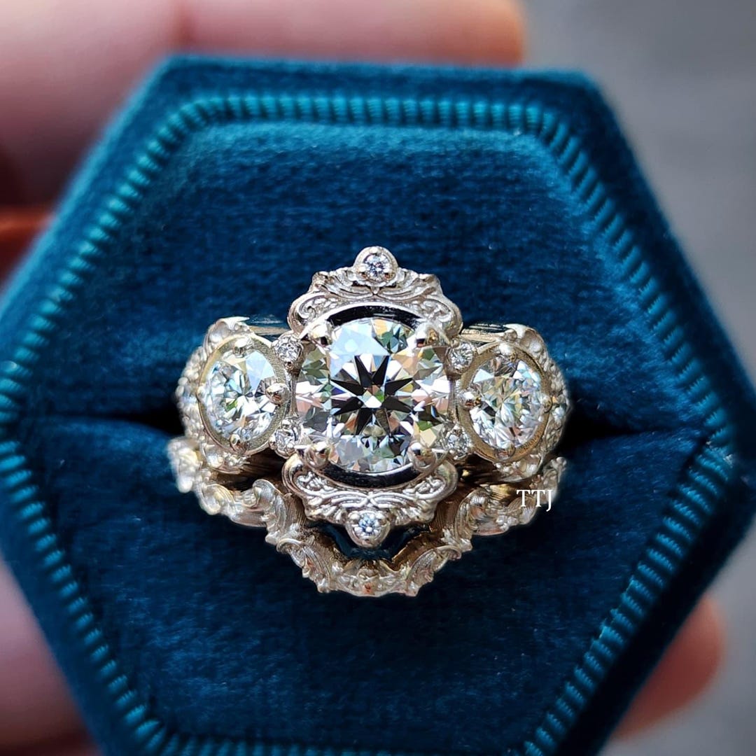 Vintage Three Stone Bezel Round Cut Diamond Engagement Ring Set Art ...