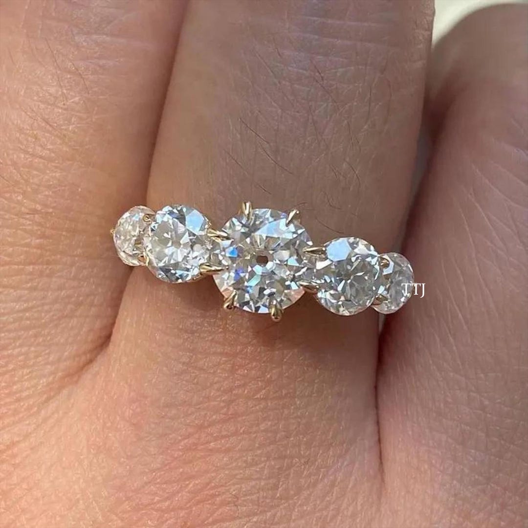 Five Stone Round Brilliant Cut Moissanite Engagement Ring Designerprong ...