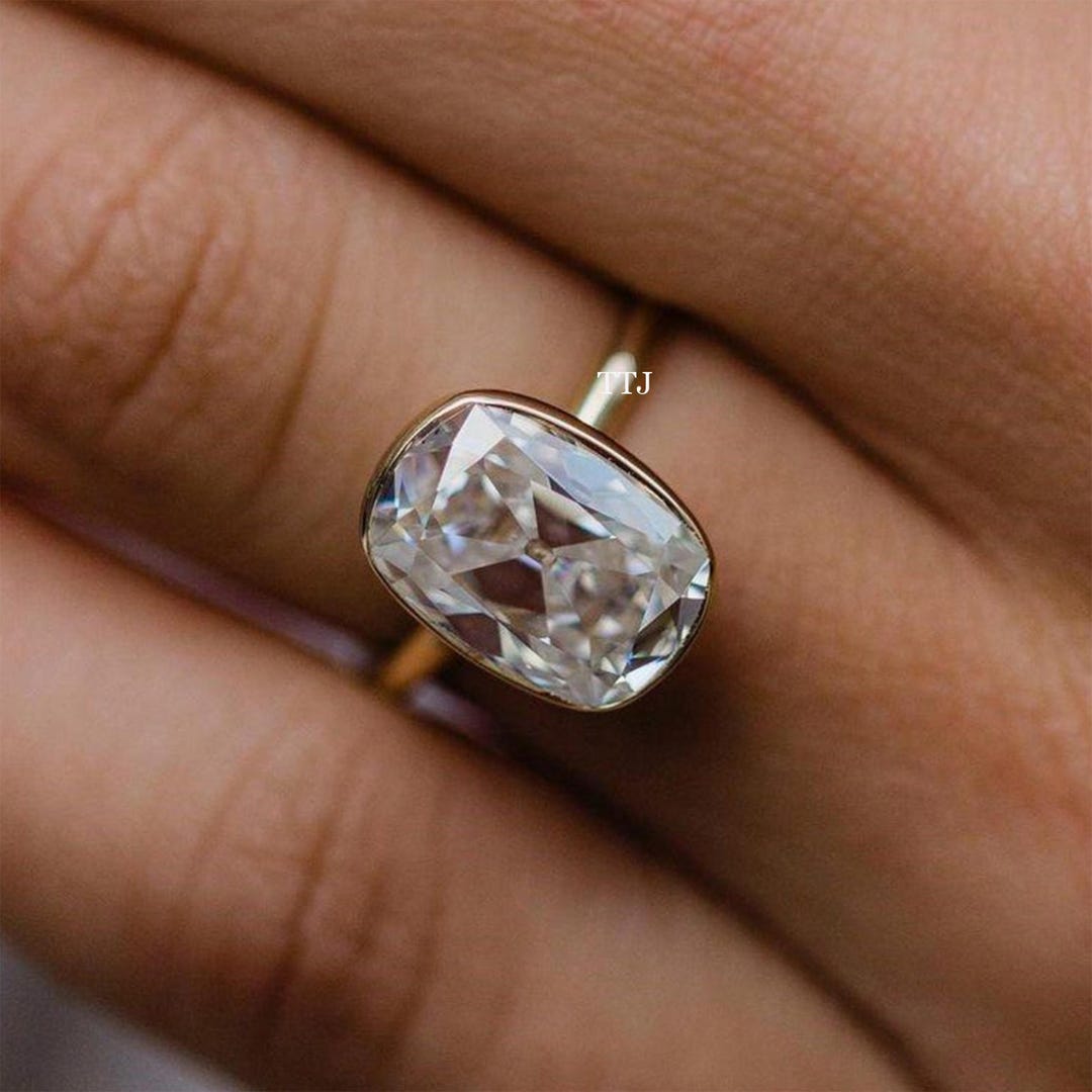Bezel Set 4CT Old Mine Elongated Cushion Cut Moissanite Engagement Ring ...