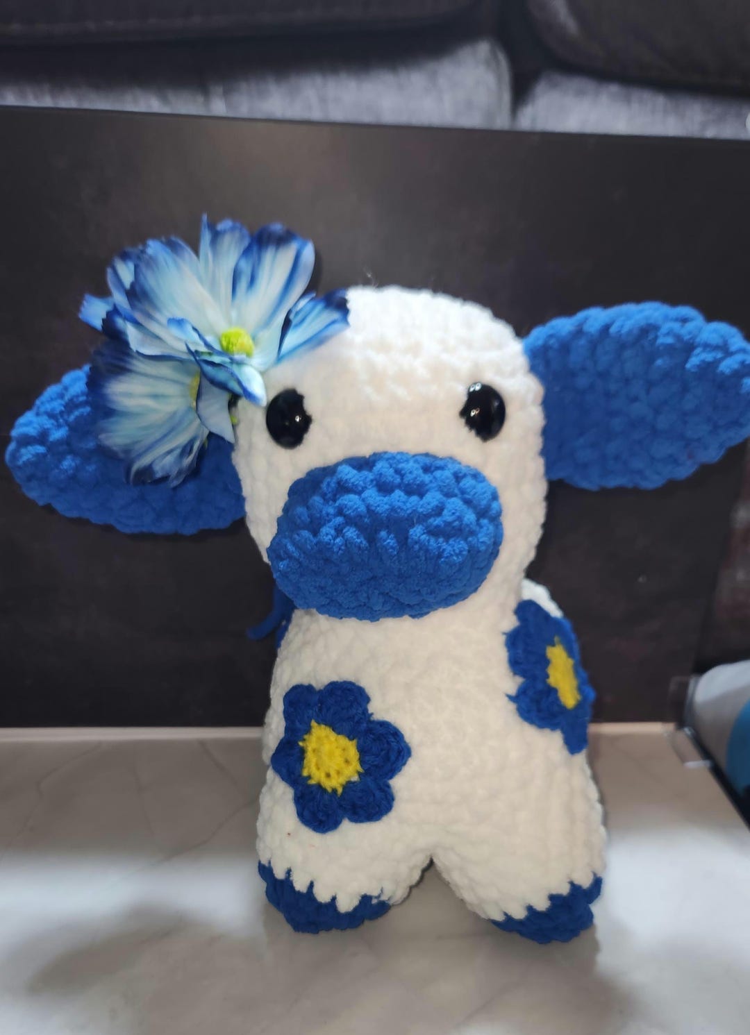 Handmade Crochet Cow Plushie - Cute Blue and White Floral Design - Etsy