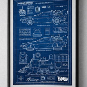 Delorean Time Machine Blueprint Poster, Retro Sci-fi Car & Train Art ...