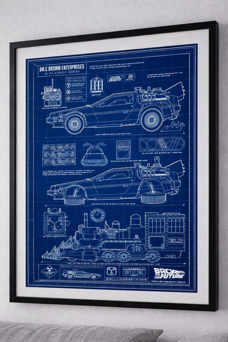 Delorean Time Machine Blueprint Poster, Retro Sci-fi Car & Train Art ...