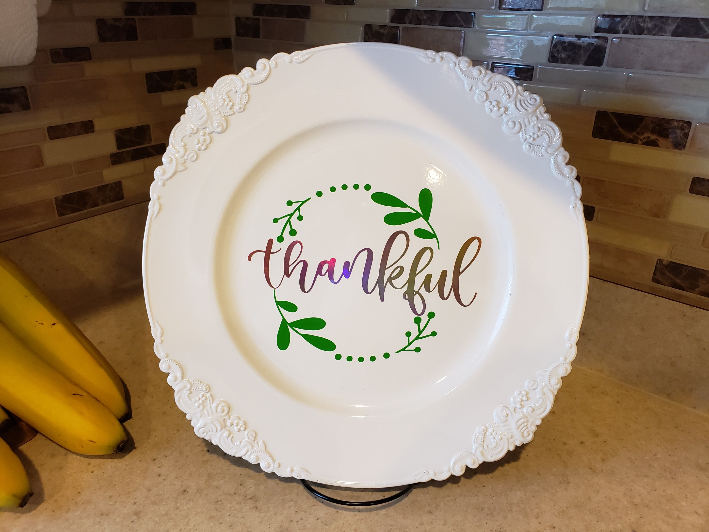 Thankful White Charger Plate With Leaves Vinyl Saying | Etsy