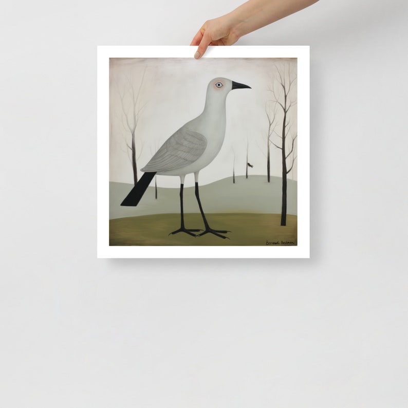 Shore Bird in Landscape as Folk Art, Naive Outsider Art Print in Square ...