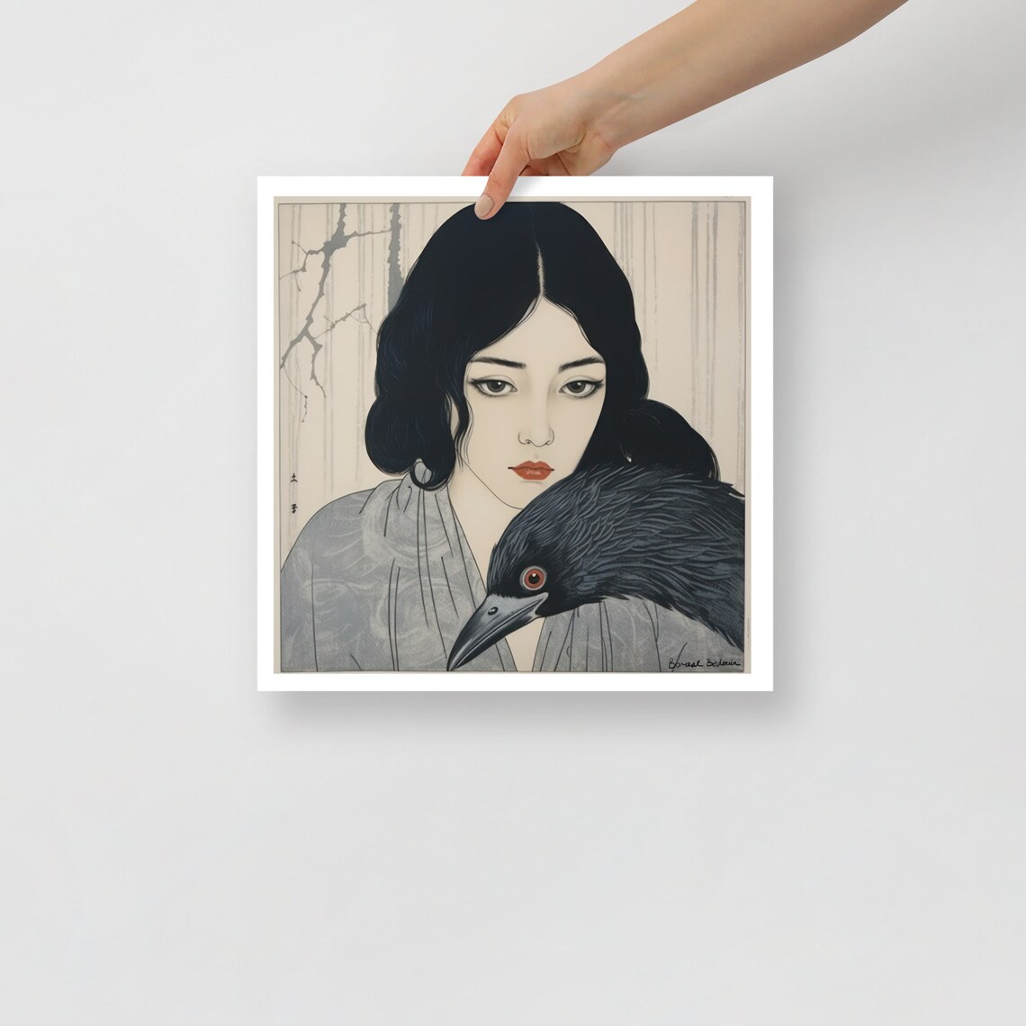 Girl With Crow, Original Moku Hanga Style Japanese Woodcut Print - Etsy