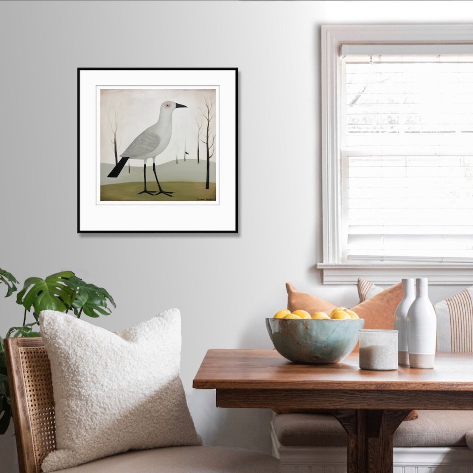 Shore Bird in Landscape as Folk Art, Naive Outsider Art Print in Square ...