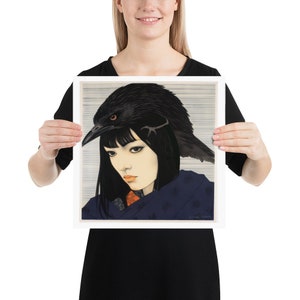 Juniper With a Black Raven Perched on Her Head, Colour Art Print ...